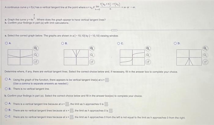 Solved A continuous curve y=f(x) has a vertical tangent line | Chegg.com