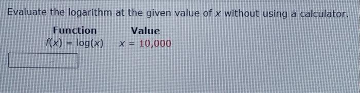 Solved Evaluate the logarithm at the given value of x | Chegg.com