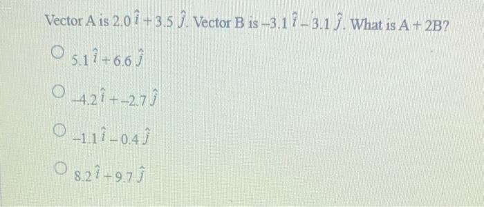 Solved Vector A is 2.0i^+3.5j^. Vector B is −3.1i^−3.1j^. | Chegg.com