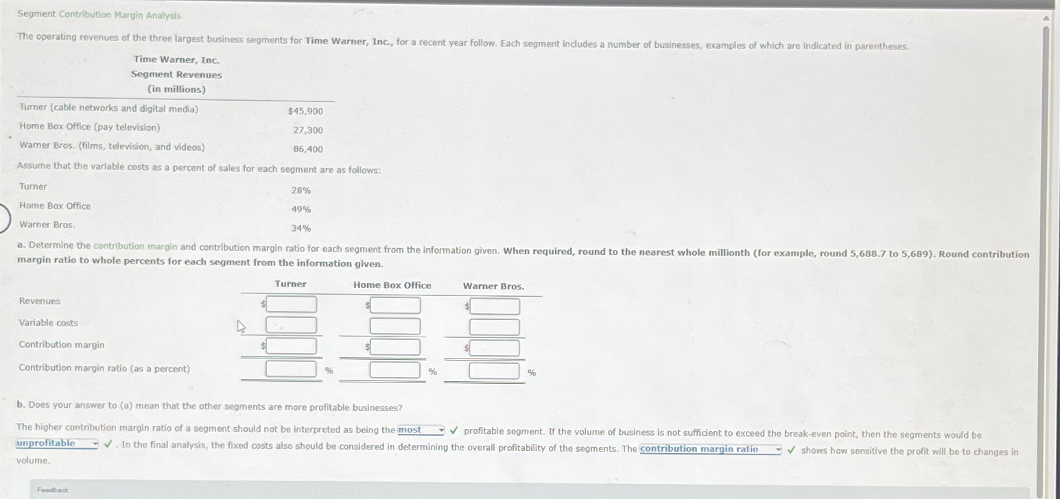 Solved Segment Contribution Margin AnalysisTime Warner, | Chegg.com