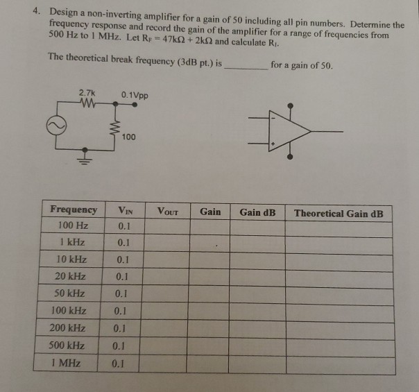 Solved 4. Design a non-inverting amplifier for a gain of 50 | Chegg.com