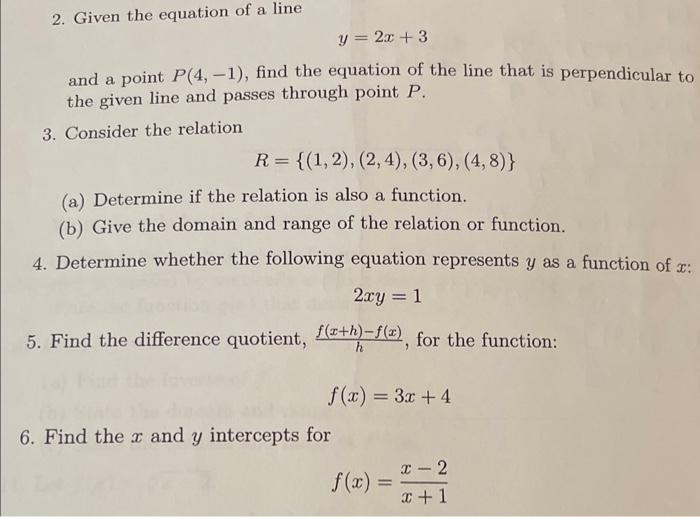 Solved 2. Given the equation of a line y=2x+3 and a point | Chegg.com
