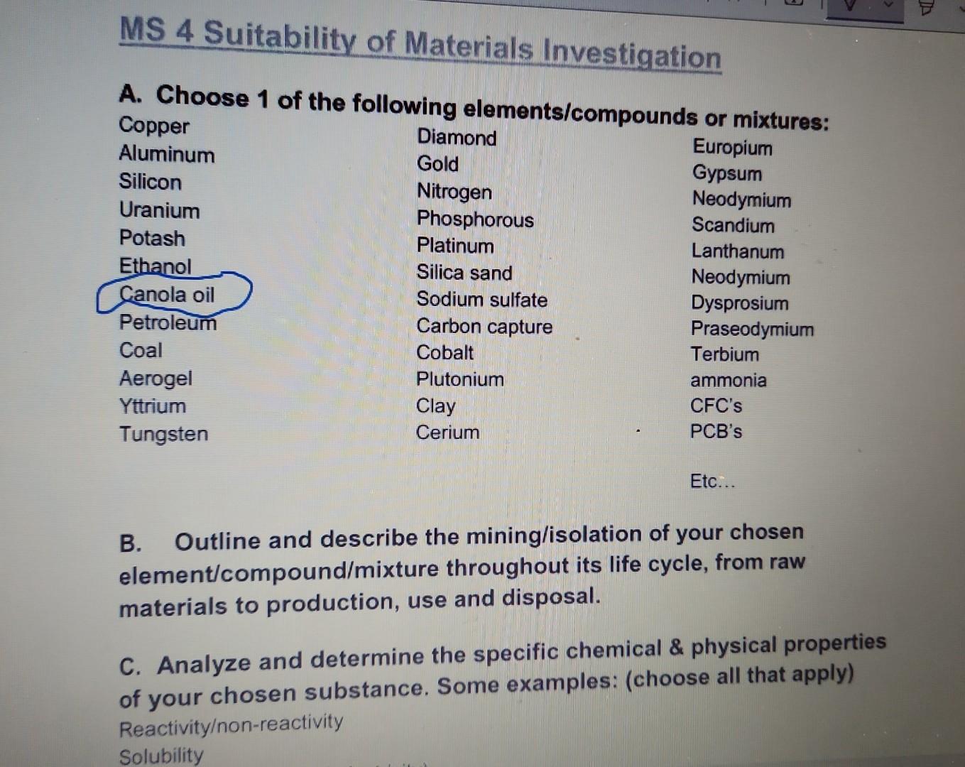 MS 4 Suitability of Materials Investigation A. Choose | Chegg.com