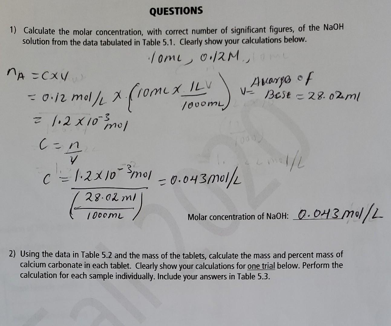 Solved Table 5.1: Volume of NaOH used to titrate 10.00 mL of | Chegg.com