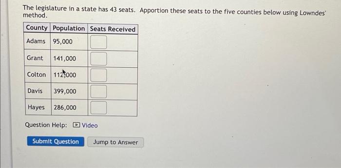 Solved The legislature in a state has 43 seats. Apportion | Chegg.com