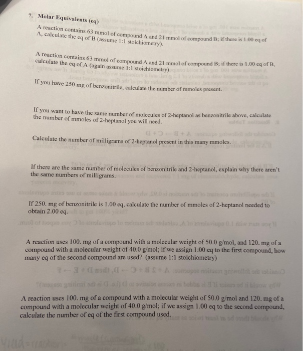 Solved 7. Molar Equivalents (eq) A reaction contains 63 mmol | Chegg.com