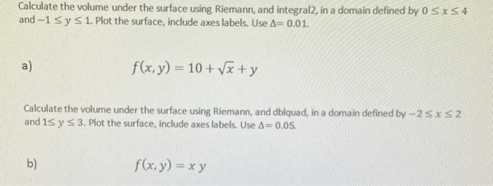 Solved Calculate the volume under the surface using Riemann, | Chegg.com