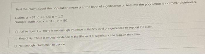 Solved Test the claim about the population mean p at the | Chegg.com