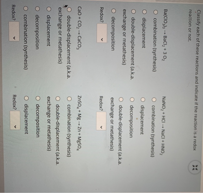 Solved Classify each of these reactions and indicate if the | Chegg.com