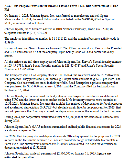 Solved ACCT 408 ﻿Prepare Provision for Income Tax and Form | Chegg.com