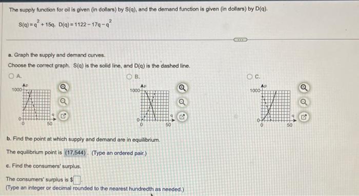 Solved S(q)=q2+15q.D(q)=1122−17q−q2 a. Graph the supply and | Chegg.com