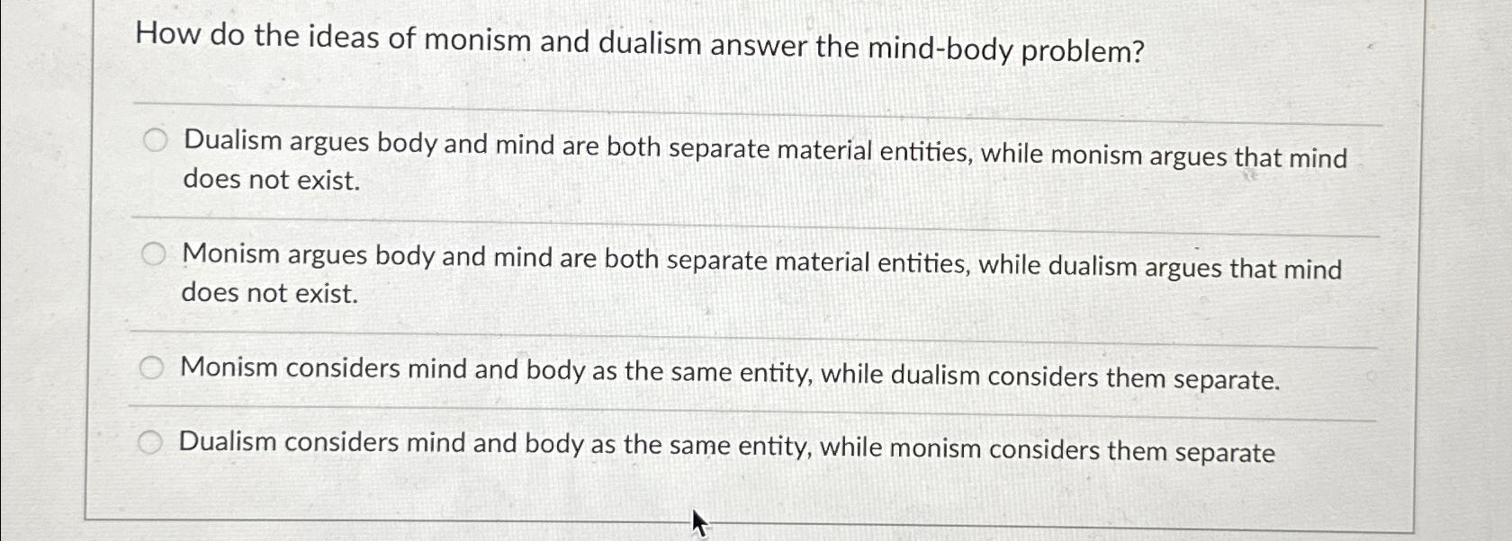 Solved How do the ideas of monism and dualism answer the | Chegg.com