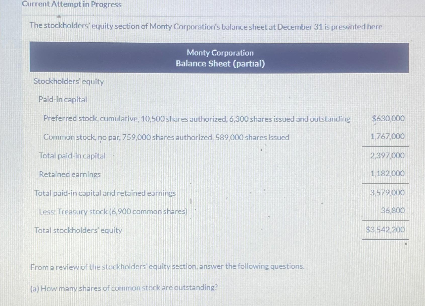 Solved Current Attempt in ProgressThe stockholders' equity | Chegg.com
