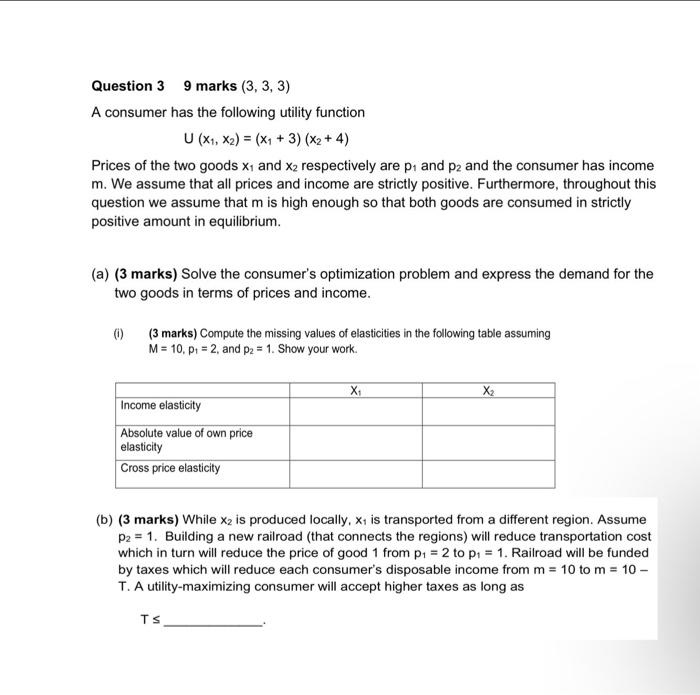 Solved A consumer has the following utility function | Chegg.com