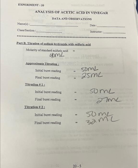 Solved EXPERIMENT : 20 ANALYSIS OF ACETIC ACID IN VINEGAR | Chegg.com