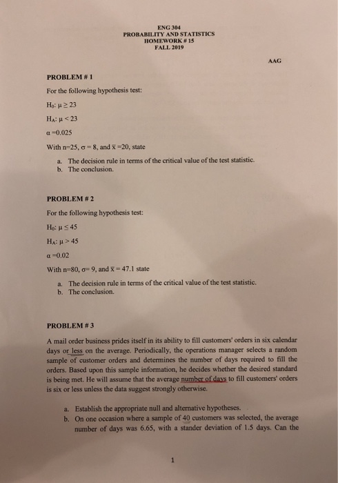 Solved ENG 204 PROBABILITY AND STATISTICS HOMEWORK # 15 FALL | Chegg.com