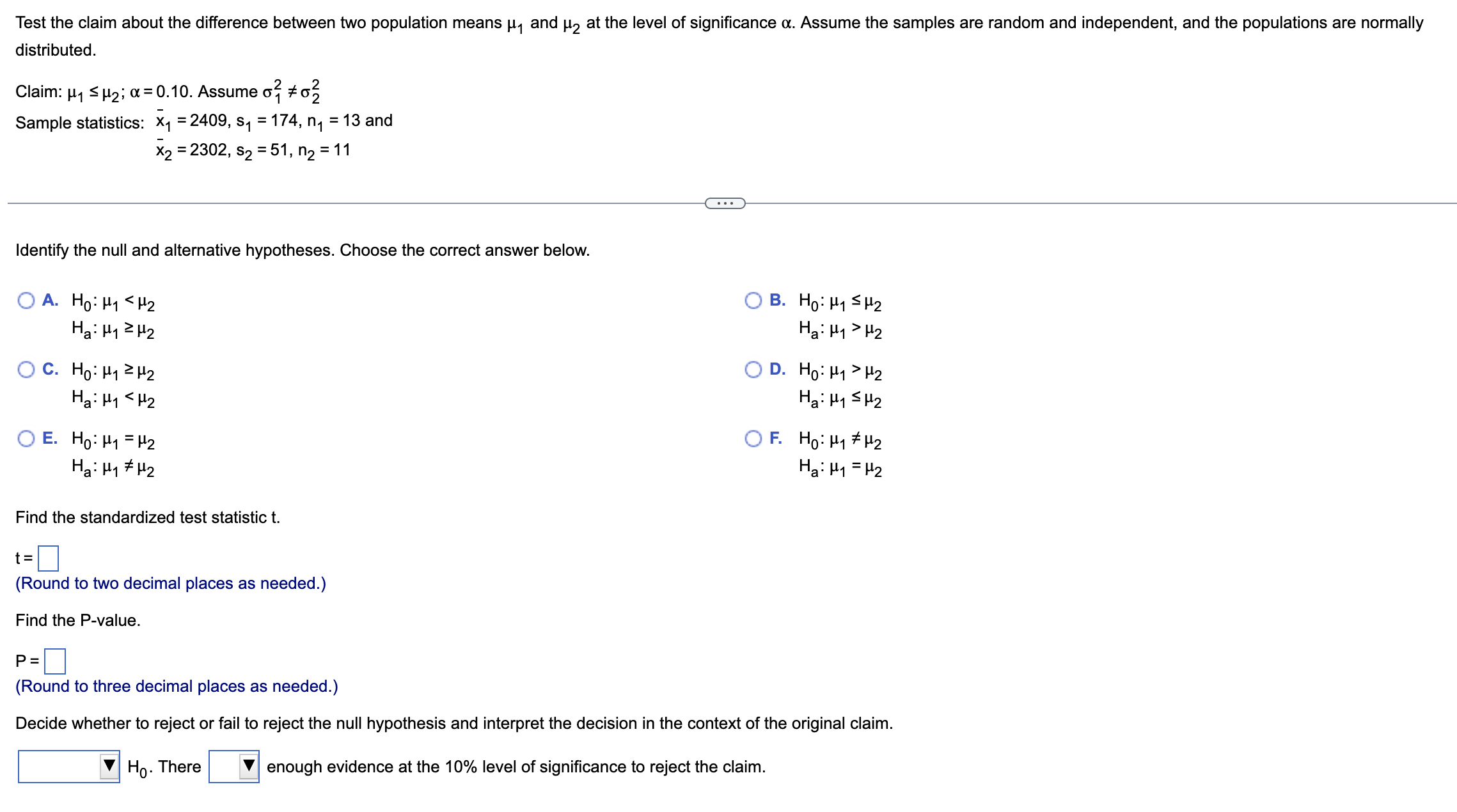 Solved distributed.Claim: μ1≤μ2;α=0.10. ﻿Assume | Chegg.com