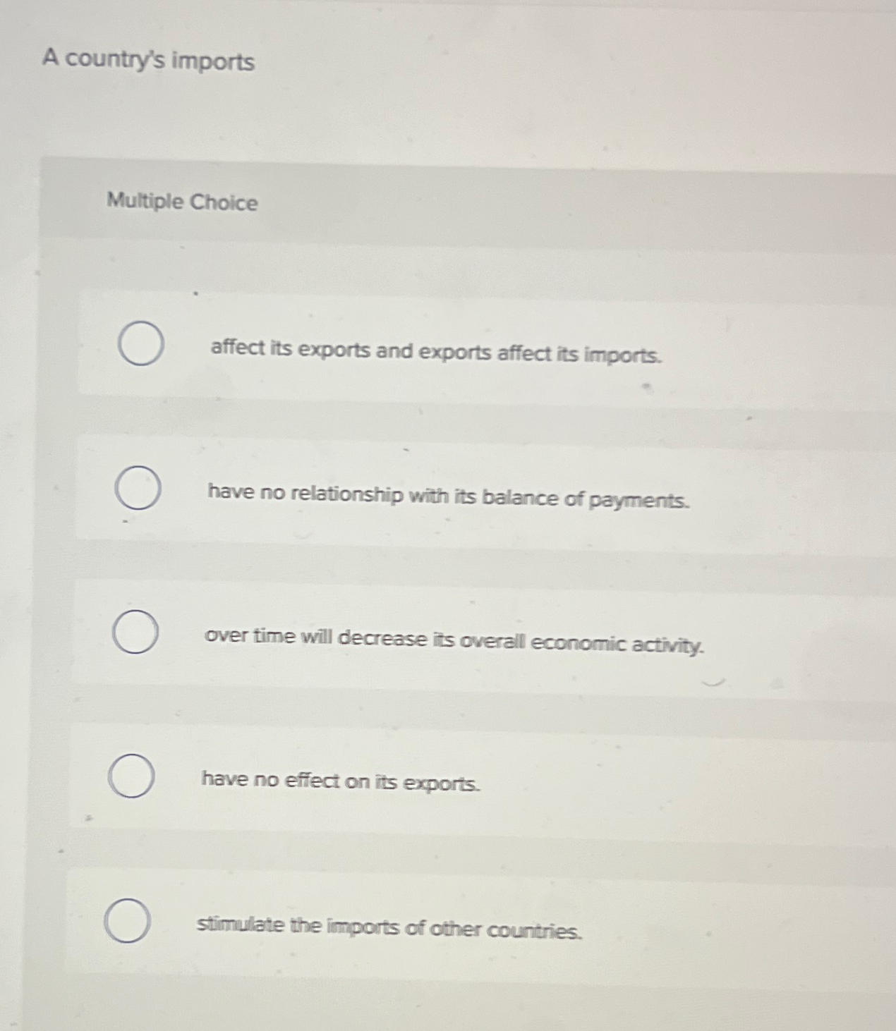 Solved A country's importsMultiple Choiceaffect its exports | Chegg.com