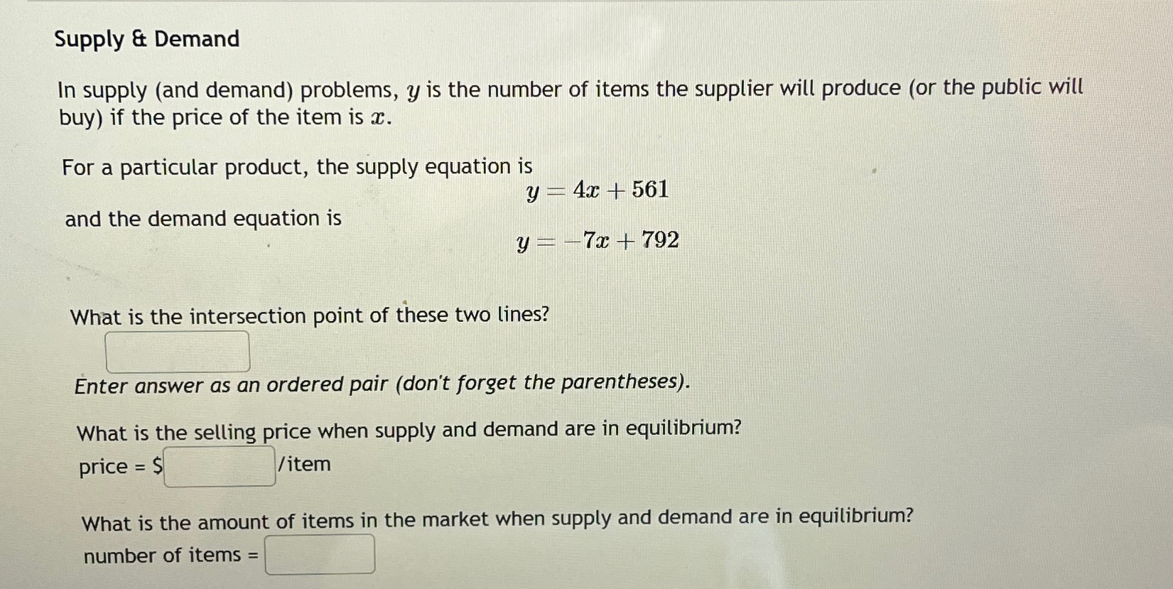 Supply & DemandIn supply (and demand) ﻿problems, y | Chegg.com