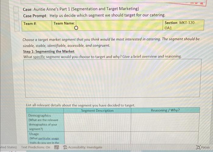 Solved Case: Auntie Anne's Part 1 (Segmentation and Target | Chegg.com