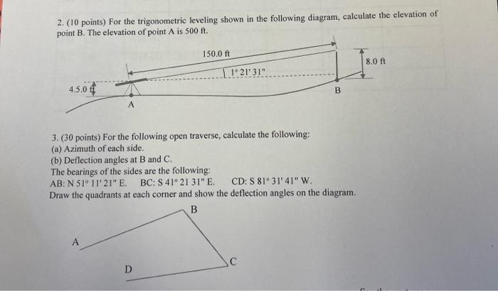 Solved 2. (10 points) For the trigonometric leveling shown | Chegg.com