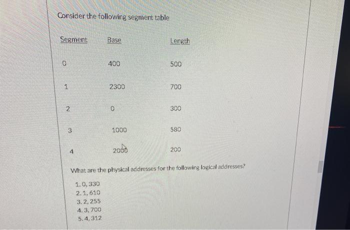 Solved Consider the following segment table Segment Base | Chegg.com