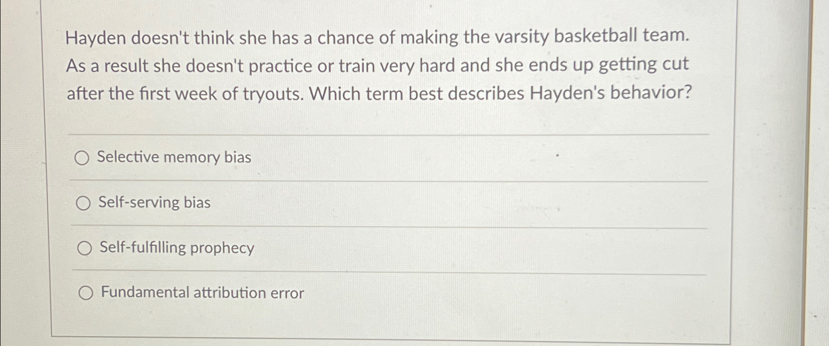 Solved Hayden doesn't think she has a chance of making the | Chegg.com