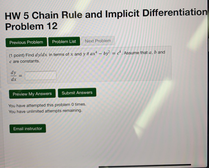 Solved HW 5 Chain Rule and Implicit Differentiation: Problem | Chegg.com