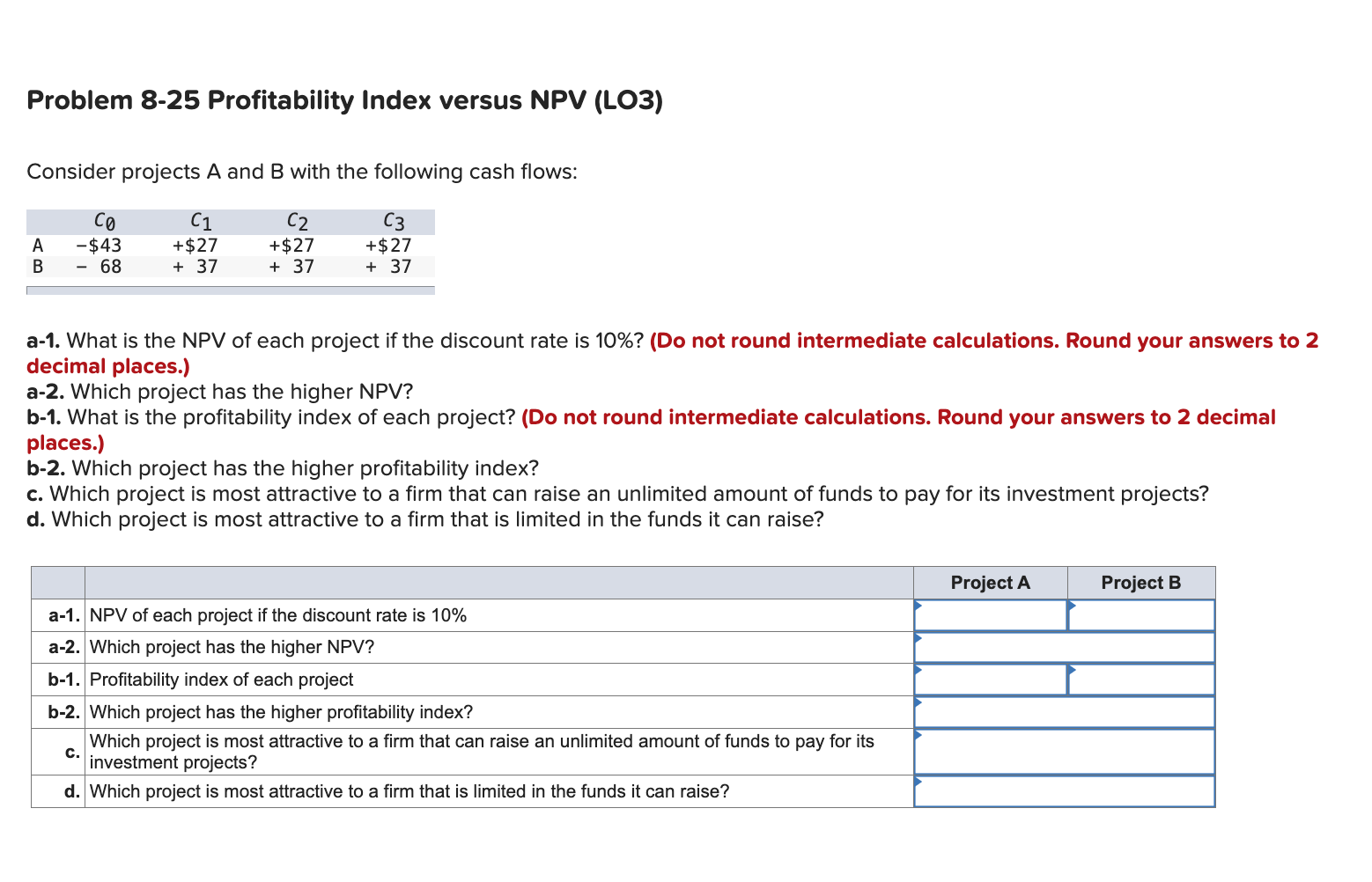 Solved Problem 8-25 ﻿Profitability Index versus NPV | Chegg.com