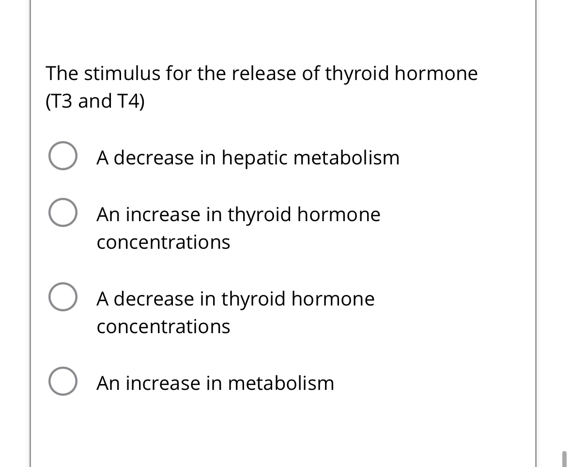 Solved The stimulus for the release of thyroid hormone(T3 | Chegg.com