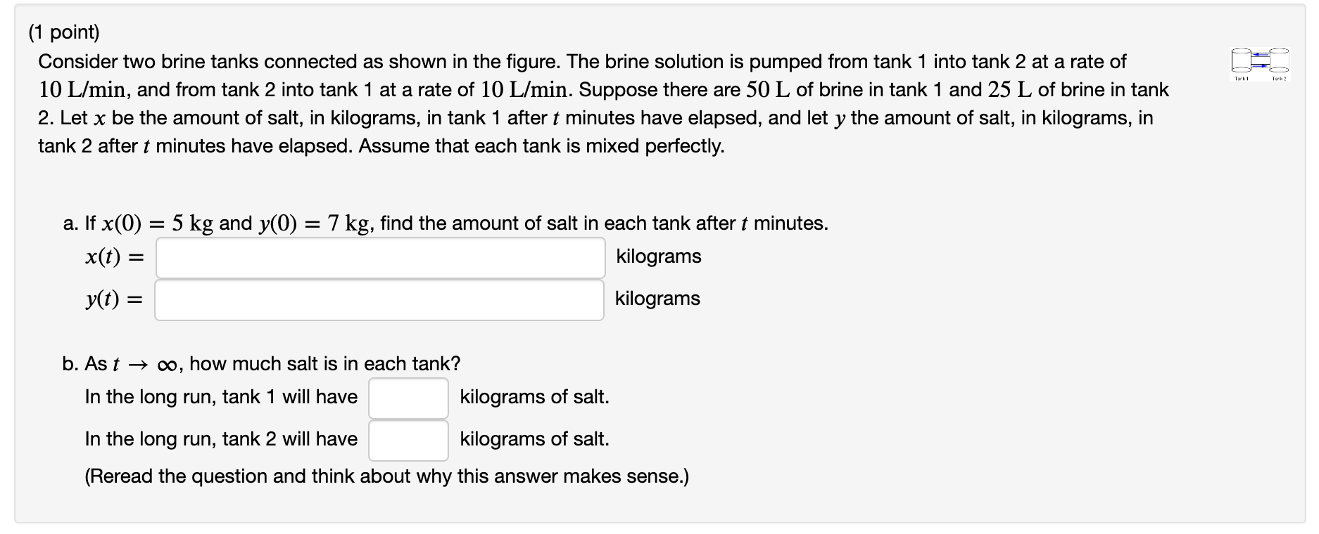 Solved (1 ﻿point)Consider two brine tanks connected as shown | Chegg.com