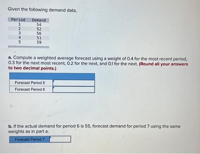 Solved Given the following demand data, a. Compute a | Chegg.com