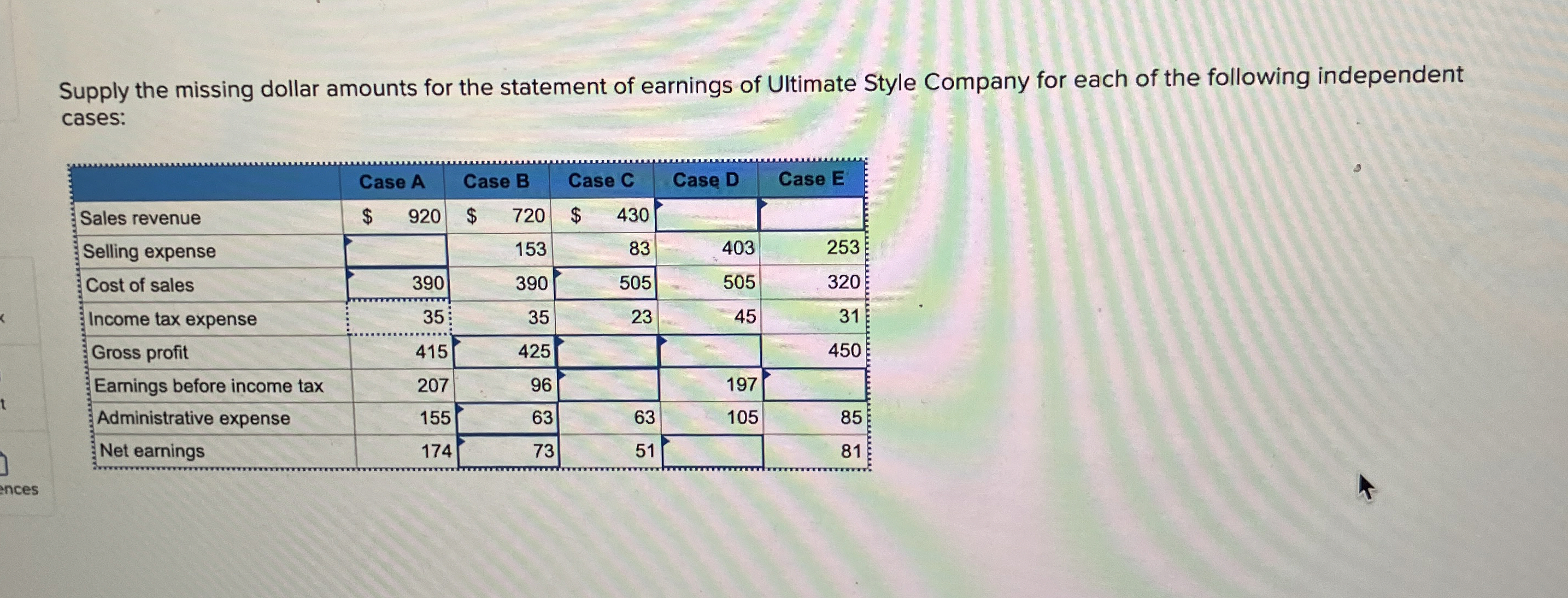 Solved cases:\table[[,Case A,Case B,Case C,Case D,Case | Chegg.com
