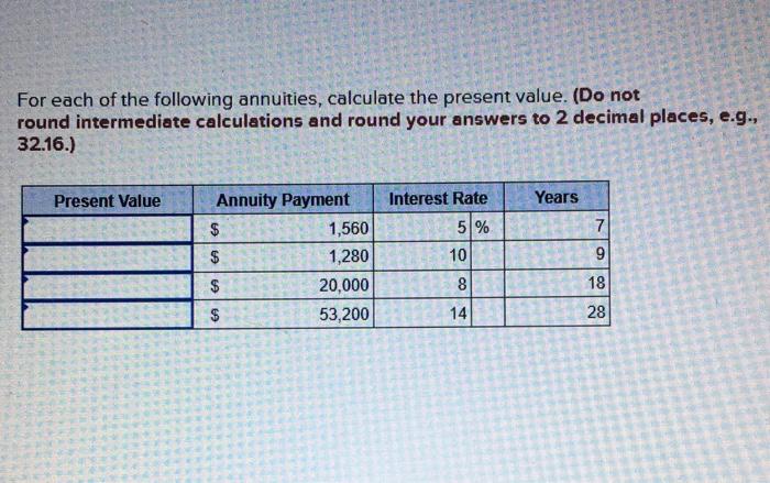 Solved For each of the following annuities, calculate the | Chegg.com