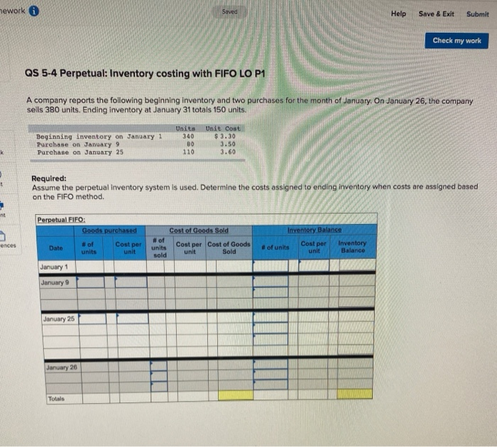 Solved mework Saved Help Save & Exit Submit Check my work QS | Chegg.com Solved mework Saved Help Save & Exit Submit Check my work QS | Chegg.com