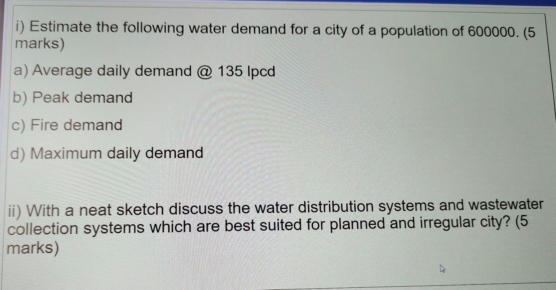 Solved i) Estimate the following water demand for a city of | Chegg.com
