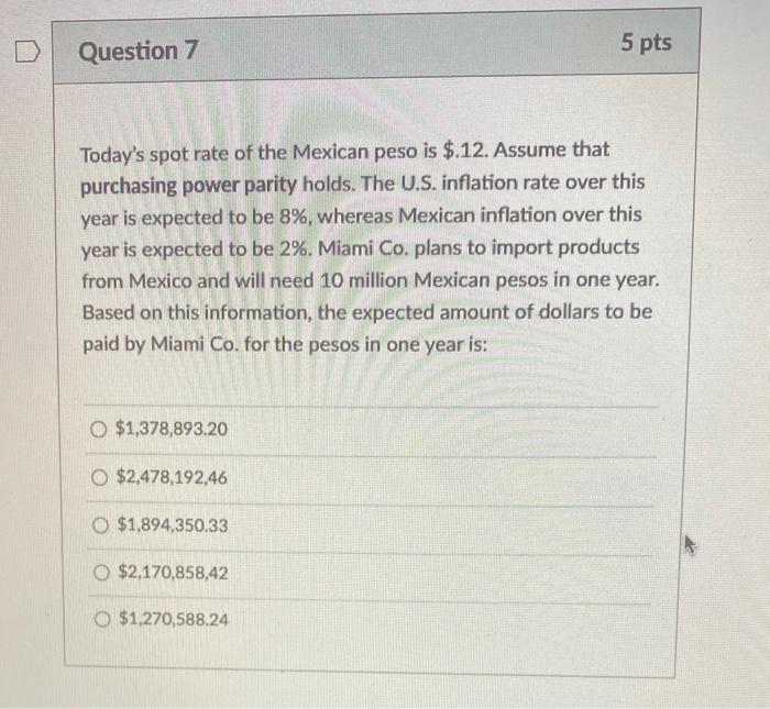 Solved Today's spot rate of the Mexican peso is $.12. Assume | Chegg.com