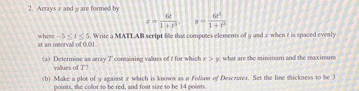Solved 2. Arrays x and y are formed by x=1+t36t,y=1+t36t2 | Chegg.com