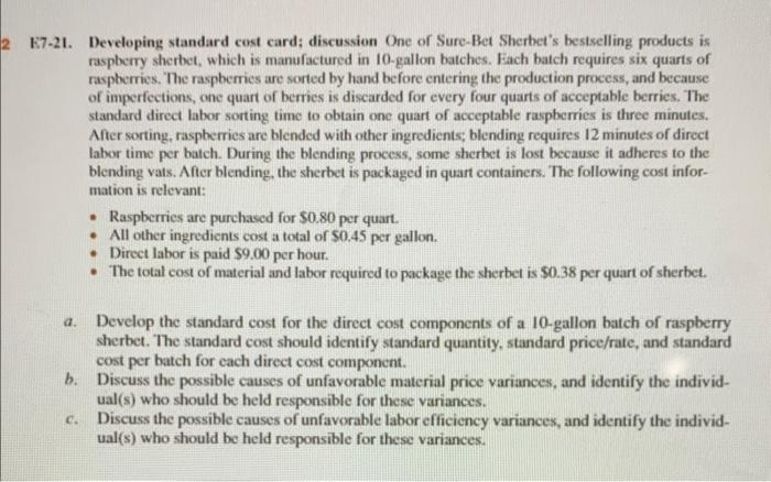 Solved 7-21. Developing standard cost card; discussion One | Chegg.com