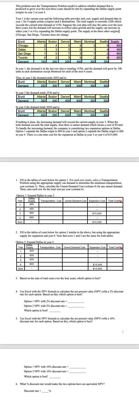Solved This problem uses the Transportation Problem model to | Chegg.com