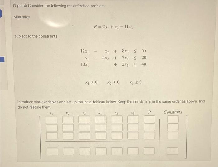 Solved (1 point) Consider the following maximization | Chegg.com