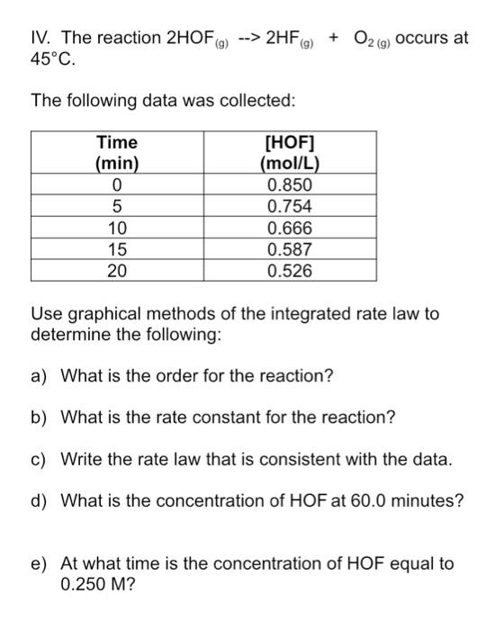 Solved IV. The reaction 2HOF) --> 2HF 45°C. + O2(g) occurs | Chegg.com