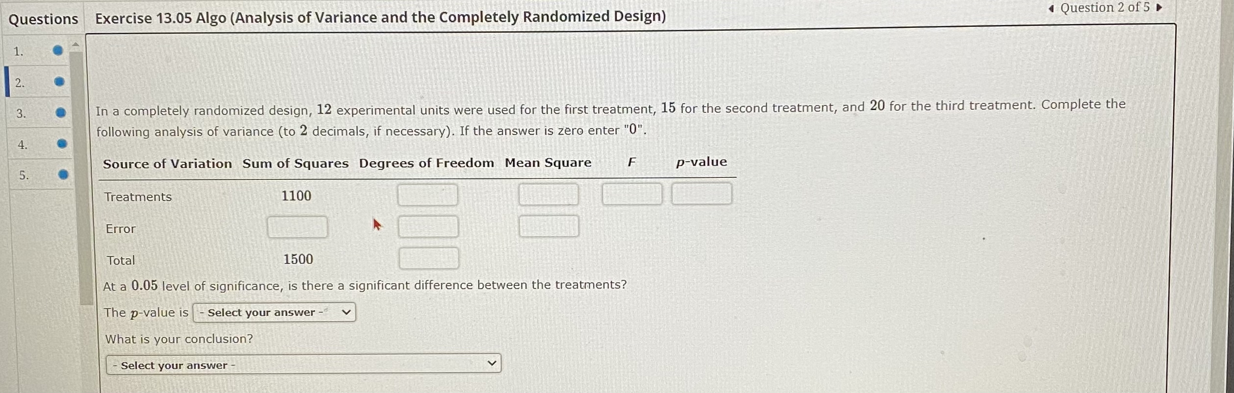 Solved Questions Exercise 13.05 ﻿Algo (Analysis of Variance | Chegg.com