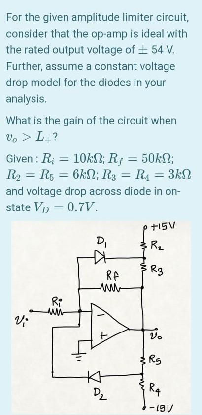 Solved For the given amplitude limiter circuit, consider | Chegg.com
