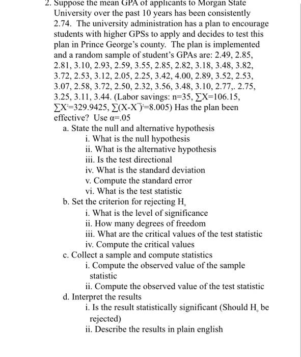 Solved 2. Suppose the mean GPA of applicants to Morgan State | Chegg.com