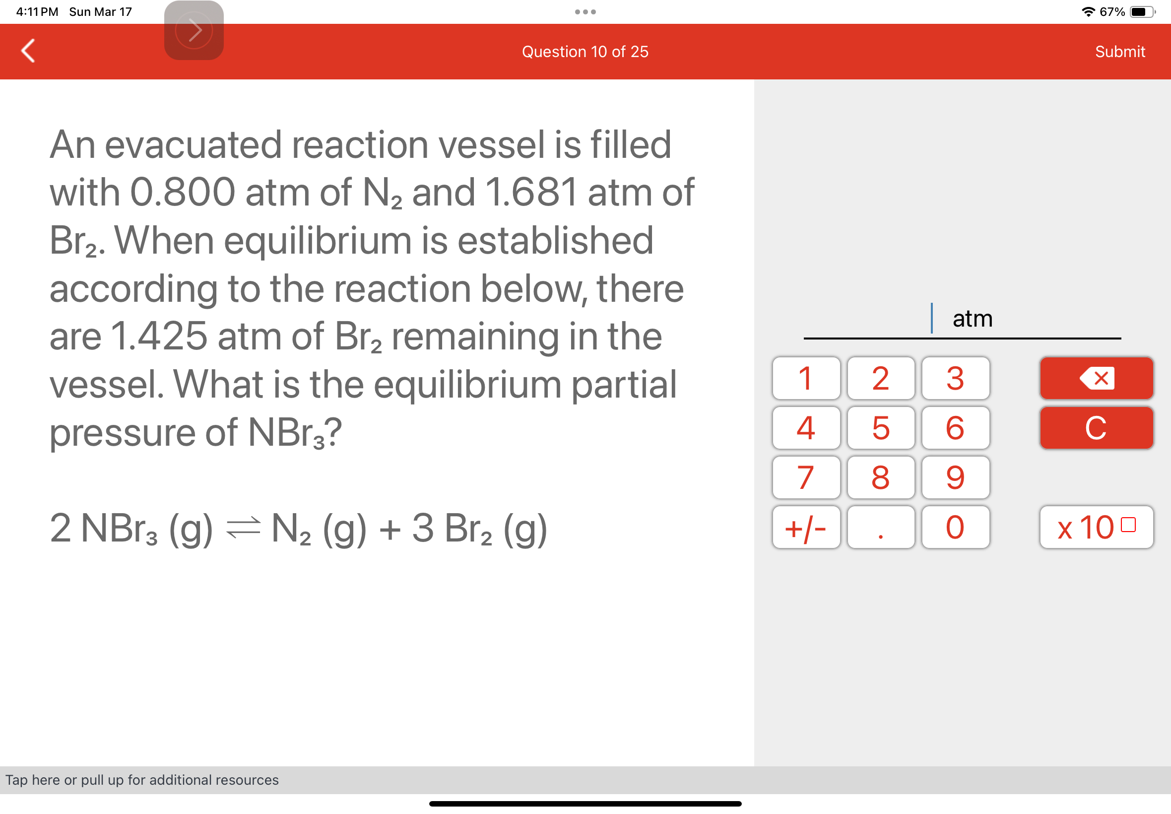 Solved An evacuated reaction vessel is filled with 0.800atm | Chegg.com