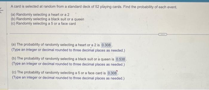 Solved A card is selected at random from a standard deck of | Chegg.com