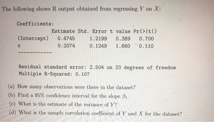 Solved The following shows R output obtained from regressing | Chegg.com