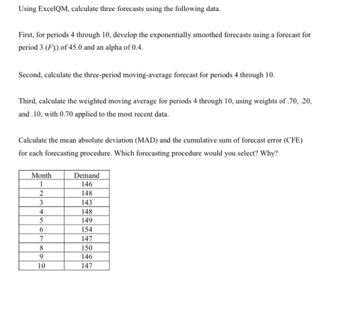 Solved Using Excelqm Calculate Three Forecasts Using The