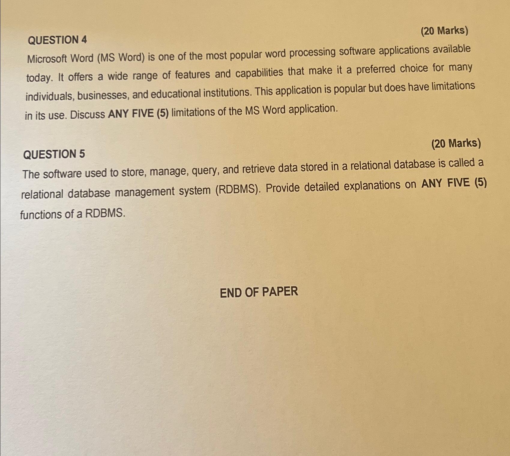 Solved QUESTION 4(20 ﻿Marks)Microsoft Word (MS Word) ﻿is one | Chegg.com